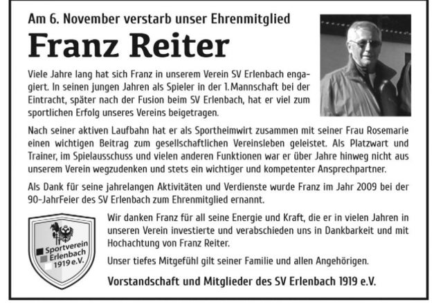 Der SV trauert um Ehrenmitglied Franz Reiter – SV Erlenbach 1919 e.V.
